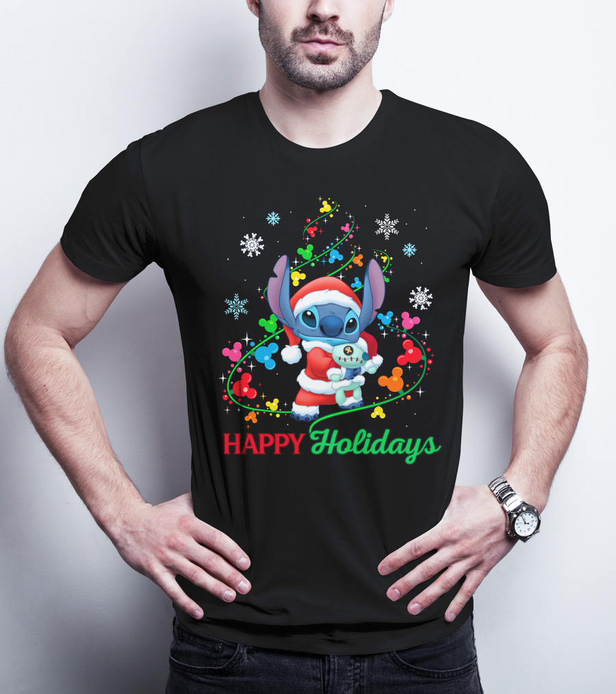 Happy Holidays Stitch Santa With Snowflakes And Mickey Mouse Ears T-Shirt