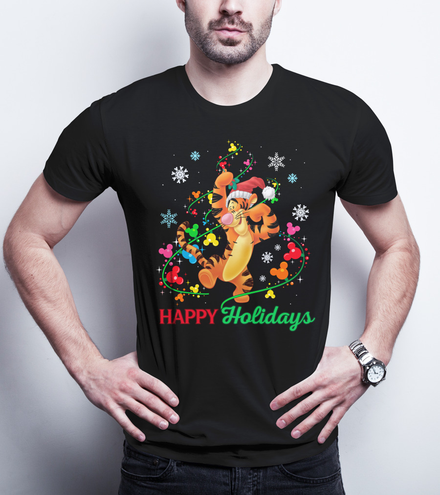 Tigger Happy Holidays Santa Hat Colorful Ornaments Mickey Mouse Ears Snowflakes T-Shirt