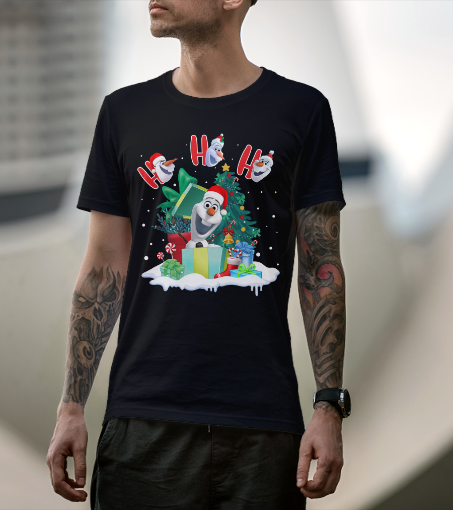 Olaf Christmas Santa Hat Presents Snowman Festive Holiday Tree Ho Ho Ho T-Shirt