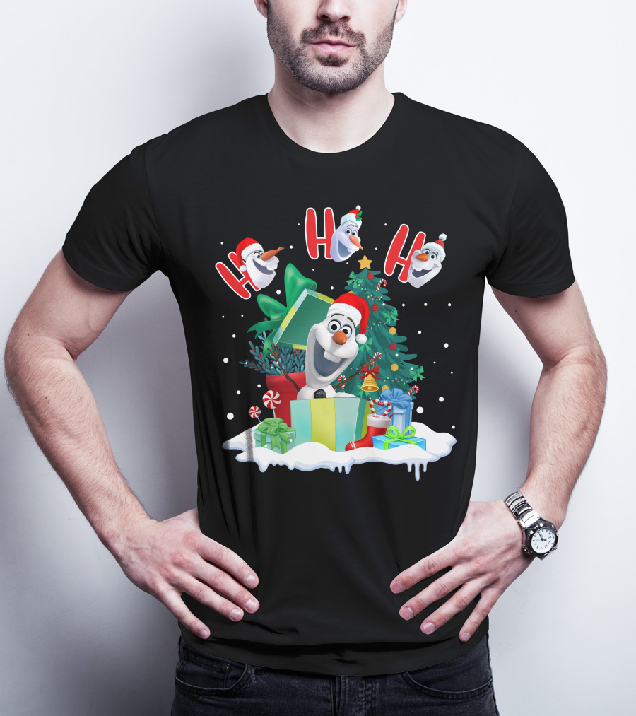 Olaf Christmas Santa Hat Presents Snowman Festive Holiday Tree Ho Ho Ho T-Shirt