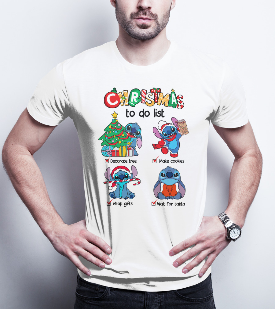Christmas To Do List Decorate Tree Make Cookies Wrap Gifts Wait For Santa Stitch T-Shirt