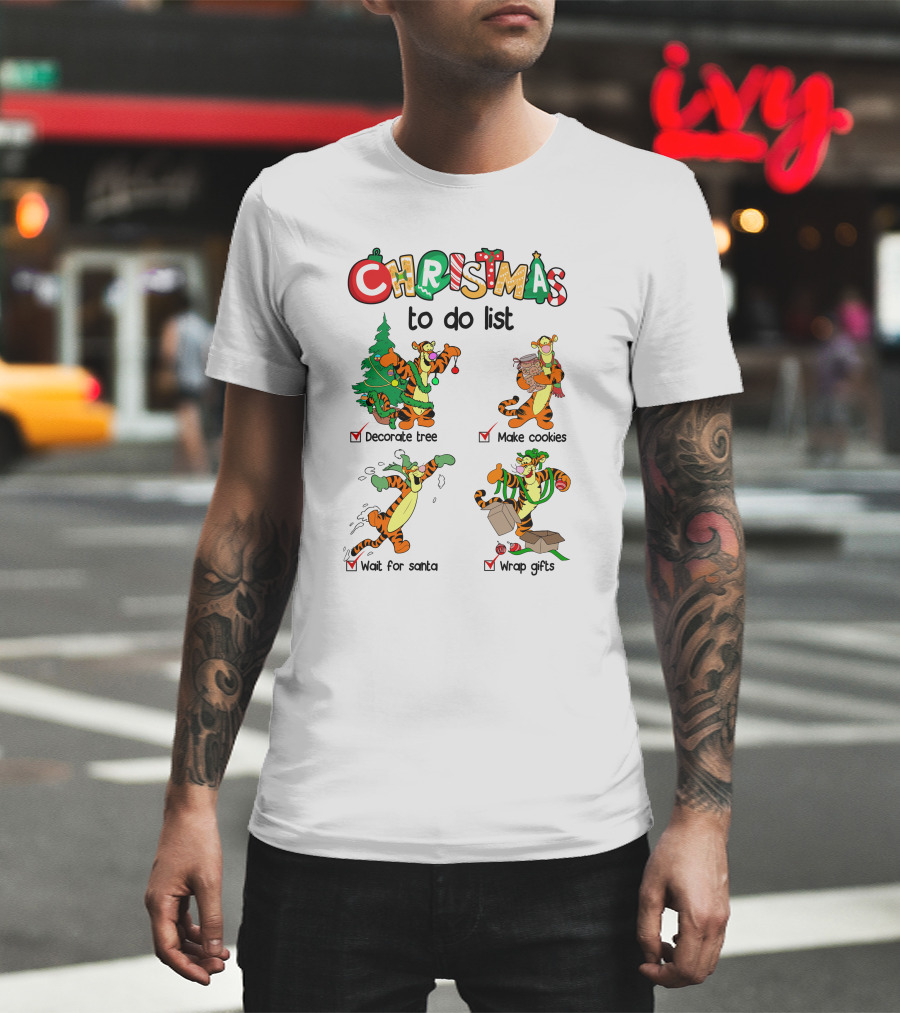 Christmas To Do List Tigger Decorate Tree Make Cookies Wait For Santa Wrap Gifts T-Shirt
