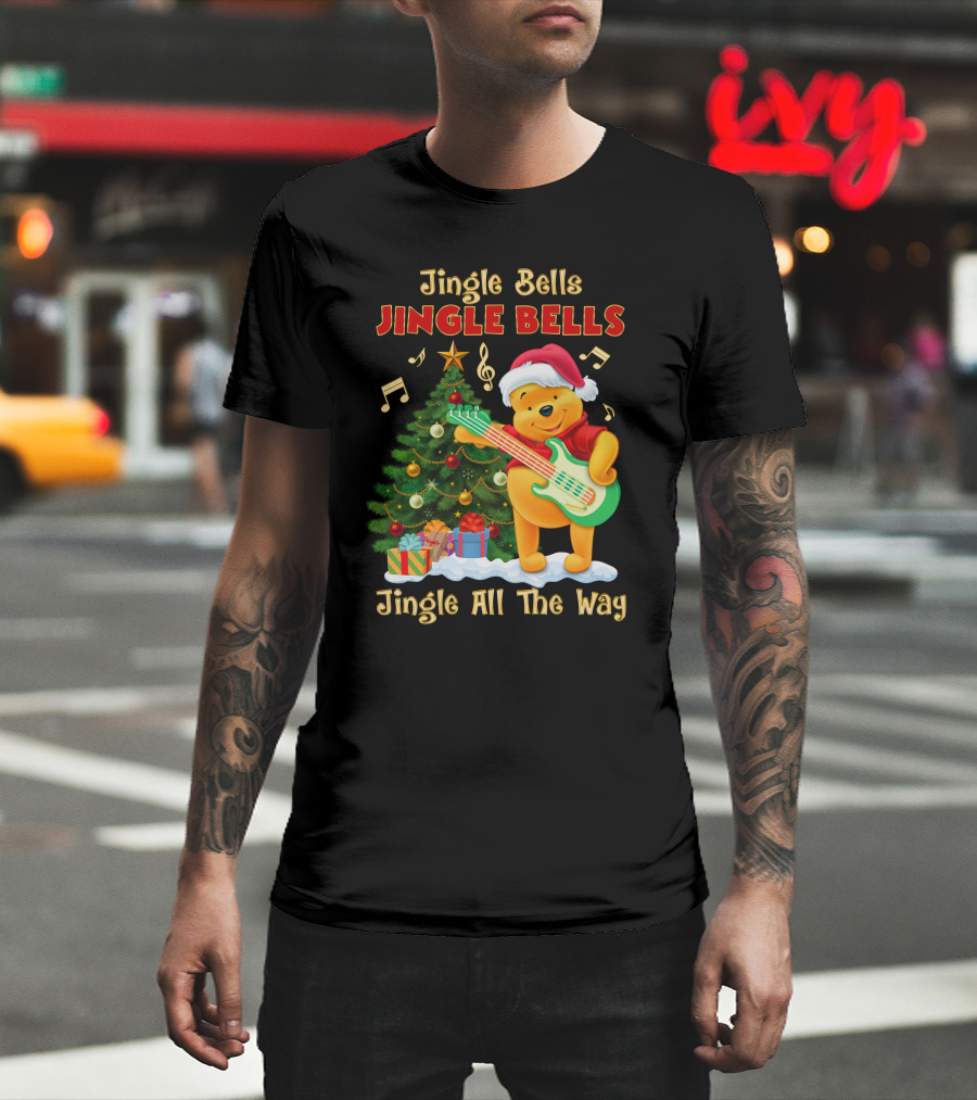 Jingle Bells Jingle Bells Jingle All The Way Christmas Tree Music Notes Pooh Santa Hat Guitar T-Shirt