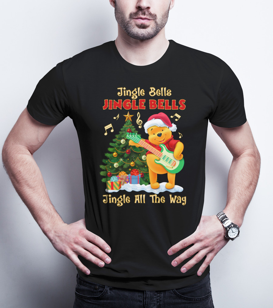 Jingle Bells Jingle Bells Jingle All The Way Christmas Tree Music Notes Pooh Santa Hat Guitar T-Shirt
