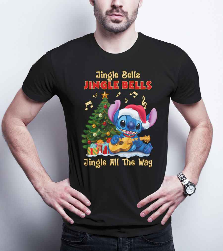 Jingle Bells Jingle Bells Jingle All The Way Stitch Christmas Tree Ukulele T-Shirt