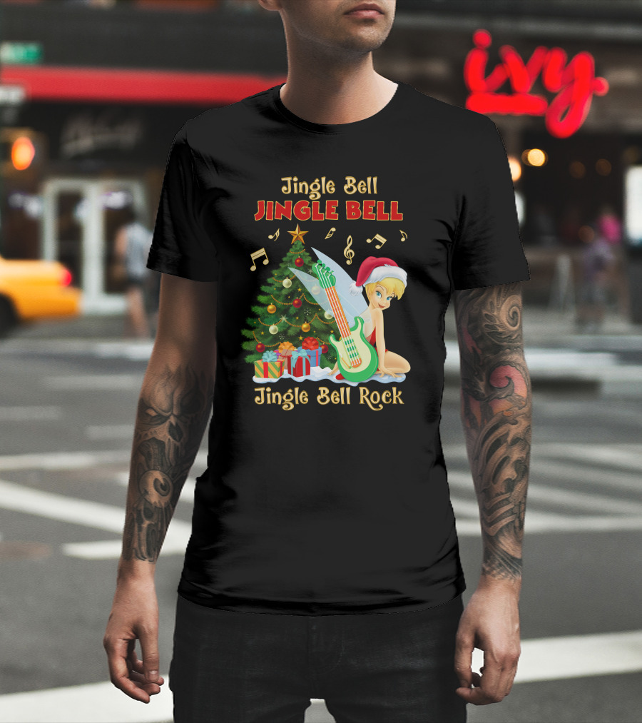 Jingle Bell Jingle Bell Jingle Bell Rock Christmas Tinkerbell Santa Hat Guitar Tree Music T-Shirt