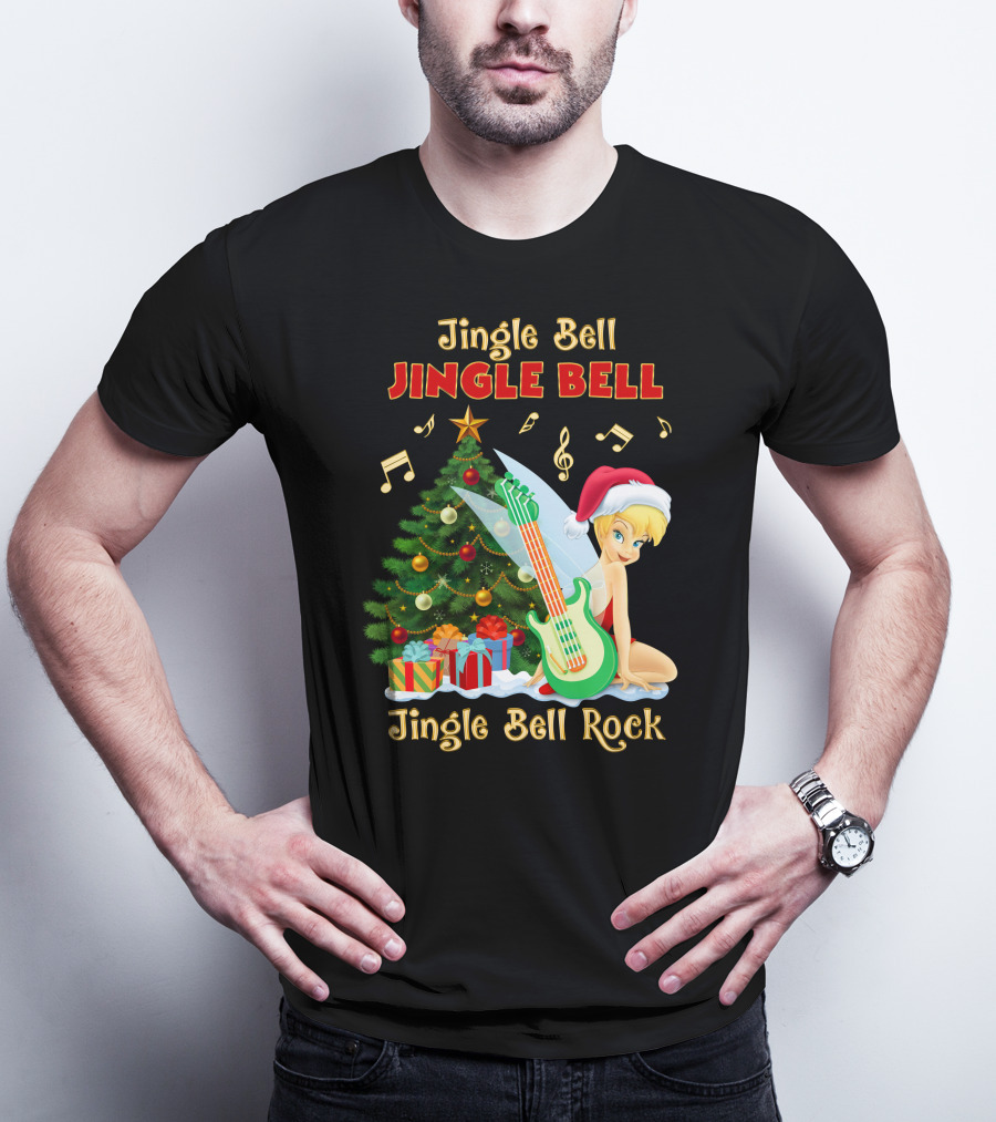 Jingle Bell Jingle Bell Jingle Bell Rock Christmas Tinkerbell Santa Hat Guitar Tree Music T-Shirt
