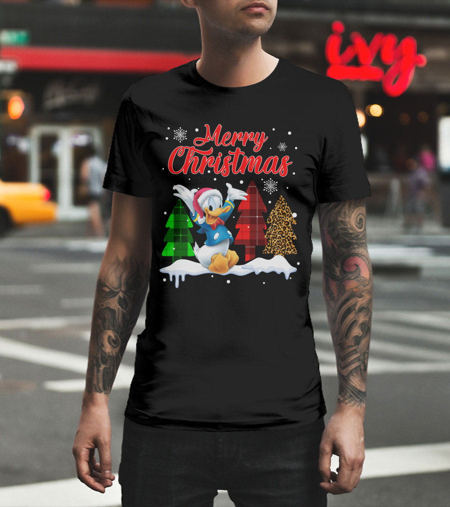 Merry Christmas Donald Duck With Festive Plaid And Leopard Trees T-Shirt