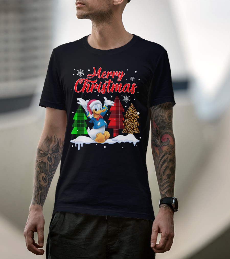 Merry Christmas Donald Duck With Festive Plaid And Leopard Trees T-Shirt