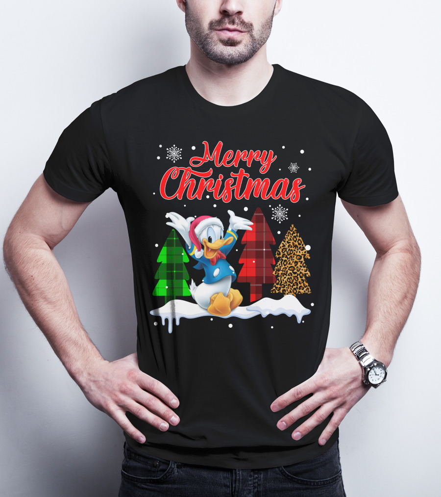 Merry Christmas Donald Duck With Festive Plaid And Leopard Trees T-Shirt