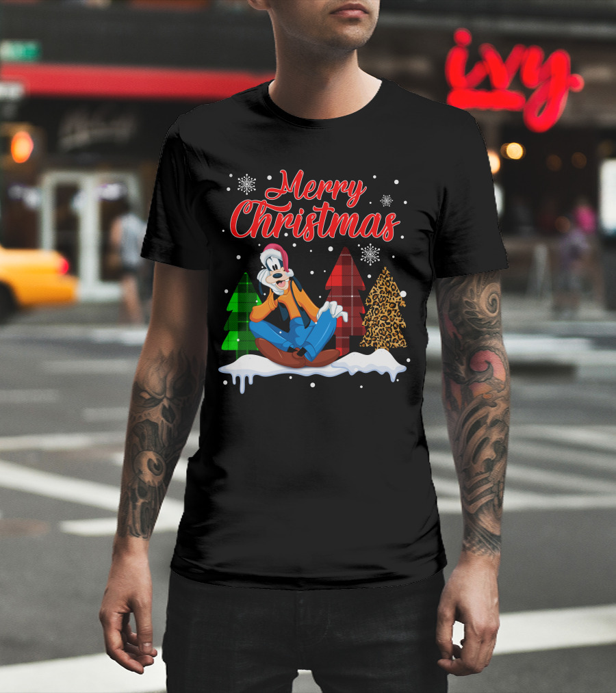 Merry Christmas Goofy With Plaid And Leopard Trees Snowflakes T-Shirt