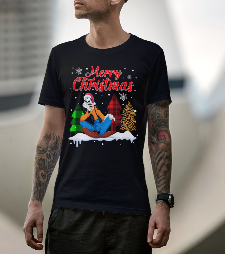 Merry Christmas Goofy With Plaid And Leopard Trees Snowflakes T-Shirt