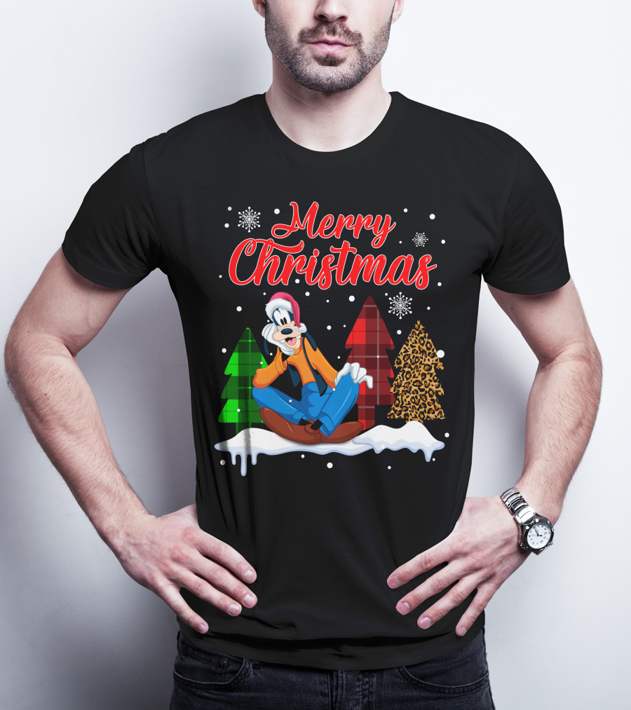Merry Christmas Goofy With Plaid And Leopard Trees Snowflakes T-Shirt