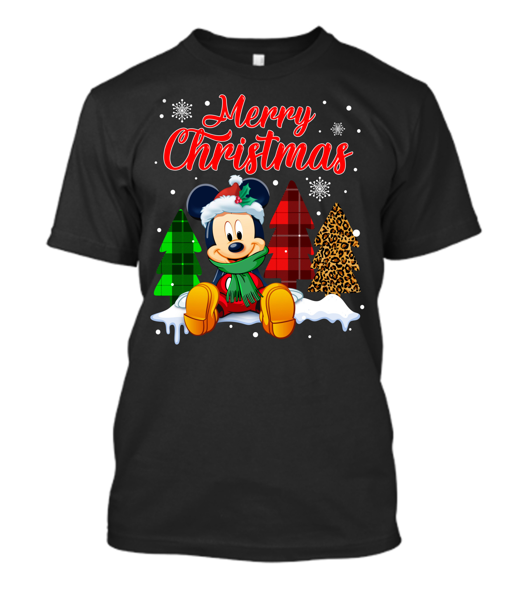 Merry Christmas Mickey Mouse With Plaid And Leopard Trees And Snowflakes T-Shirt