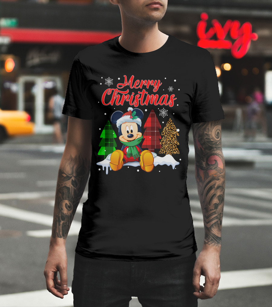Merry Christmas Mickey Mouse With Plaid And Leopard Trees And Snowflakes T-Shirt