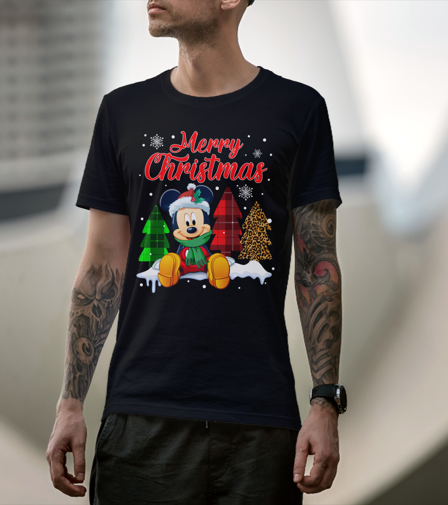 Merry Christmas Mickey Mouse With Plaid And Leopard Trees And Snowflakes T-Shirt