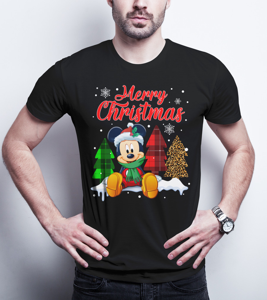 Merry Christmas Mickey Mouse With Plaid And Leopard Trees And Snowflakes T-Shirt