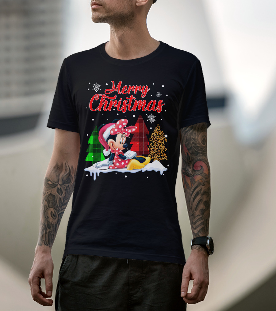 Minnie Merry Christmas Snowflakes Plaid Trees T-Shirt