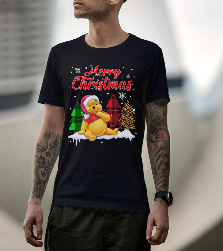 Merry Christmas Pooh Snowflakes Plaid Trees Santa Hat T-Shirt