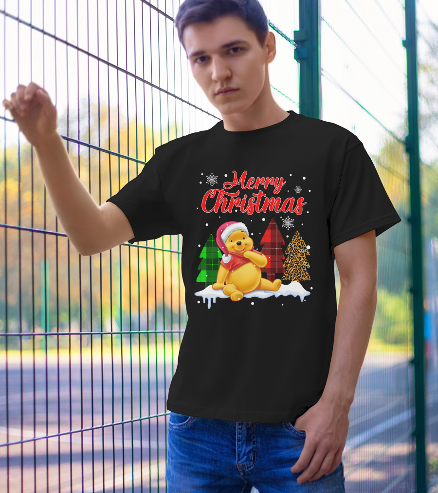 Merry Christmas Pooh Snowflakes Plaid Trees Santa Hat T-Shirt