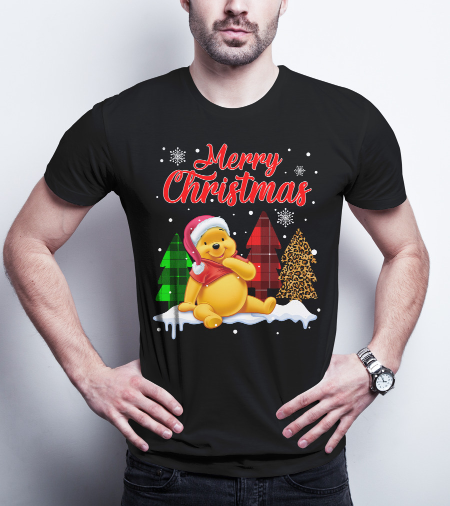 Merry Christmas Pooh Snowflakes Plaid Trees Santa Hat T-Shirt