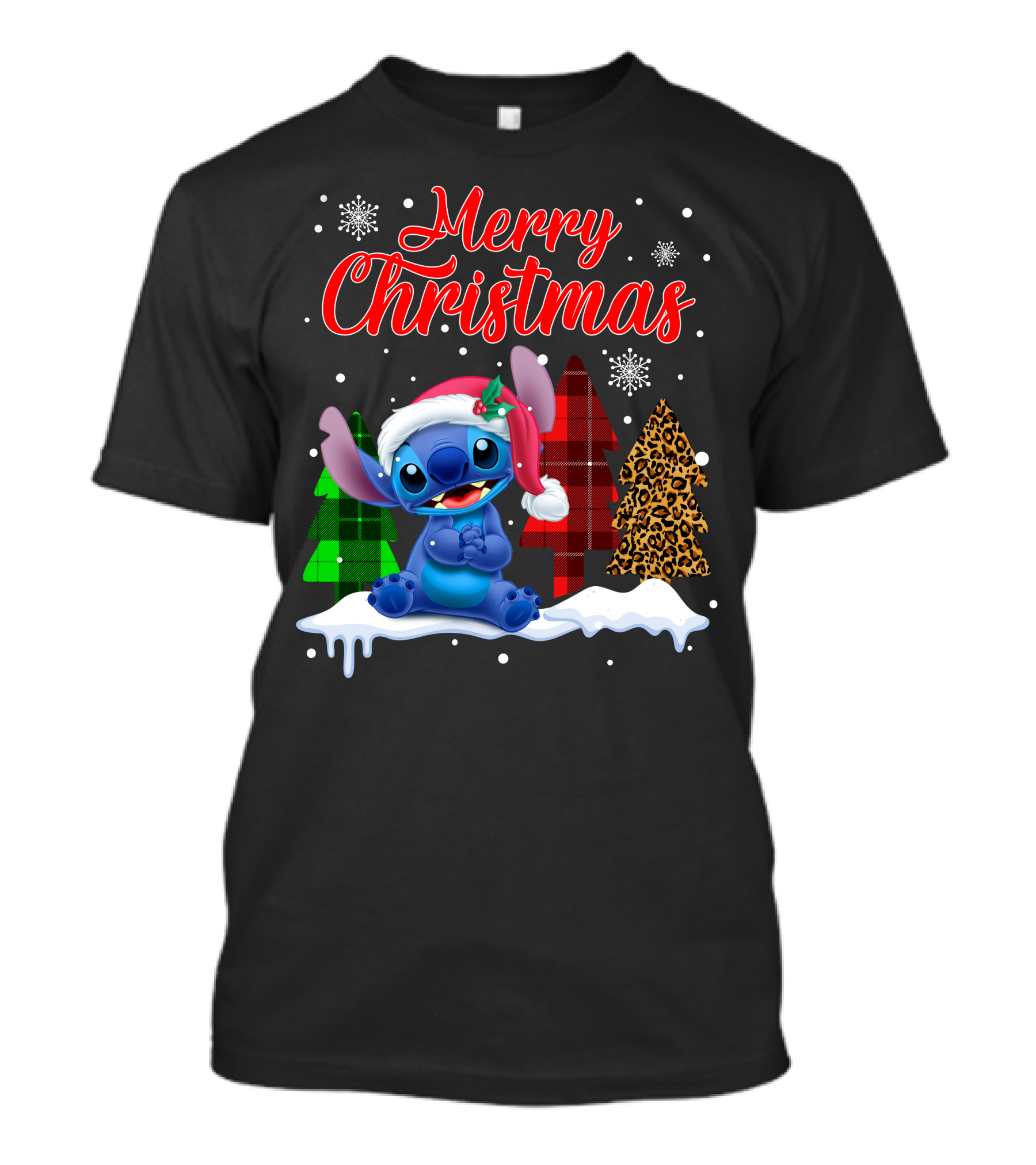 Merry Christmas Stitch Santa Hat Snow Plaid Trees T-Shirt