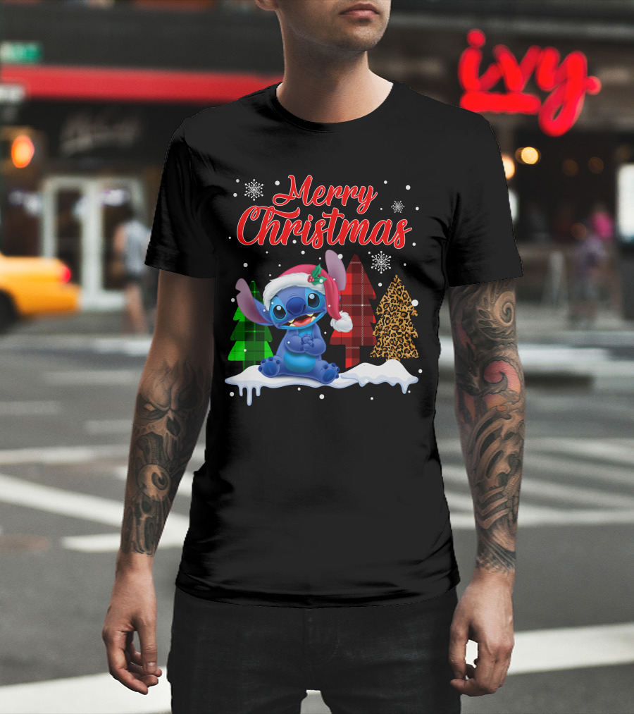 Merry Christmas Stitch Santa Hat Snow Plaid Trees T-Shirt