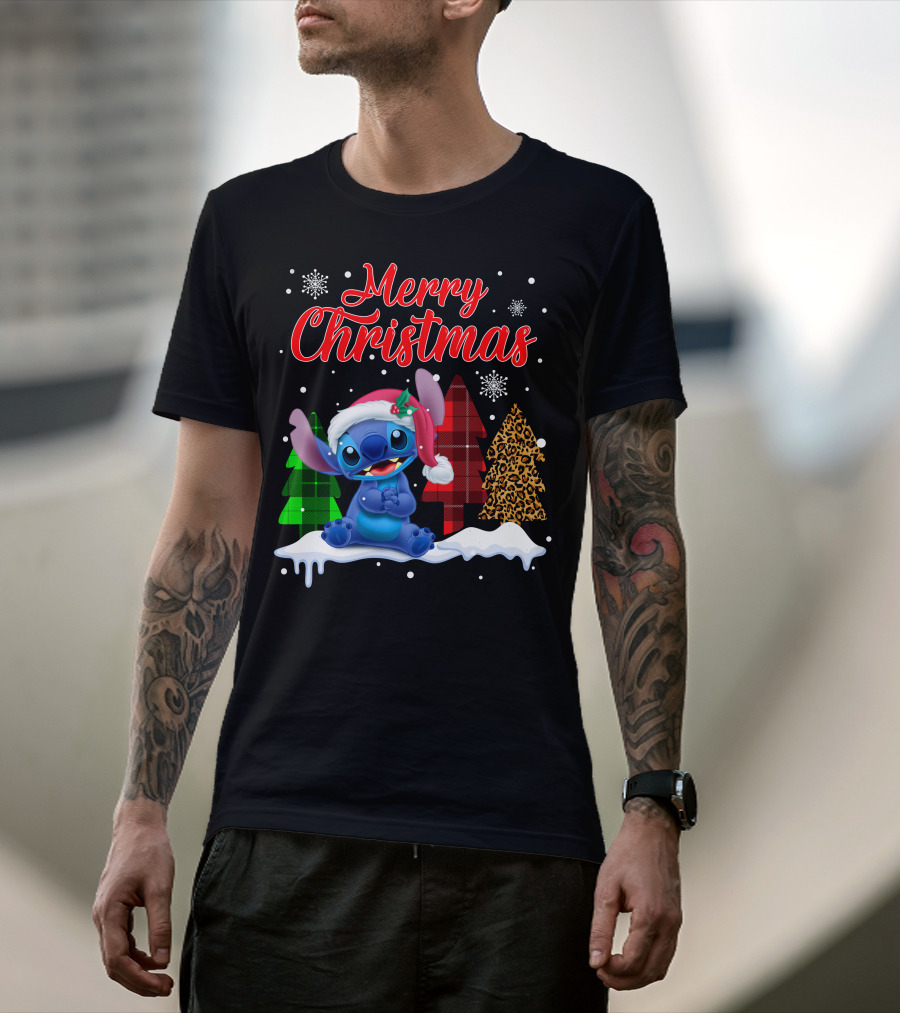 Merry Christmas Stitch Santa Hat Snow Plaid Trees T-Shirt