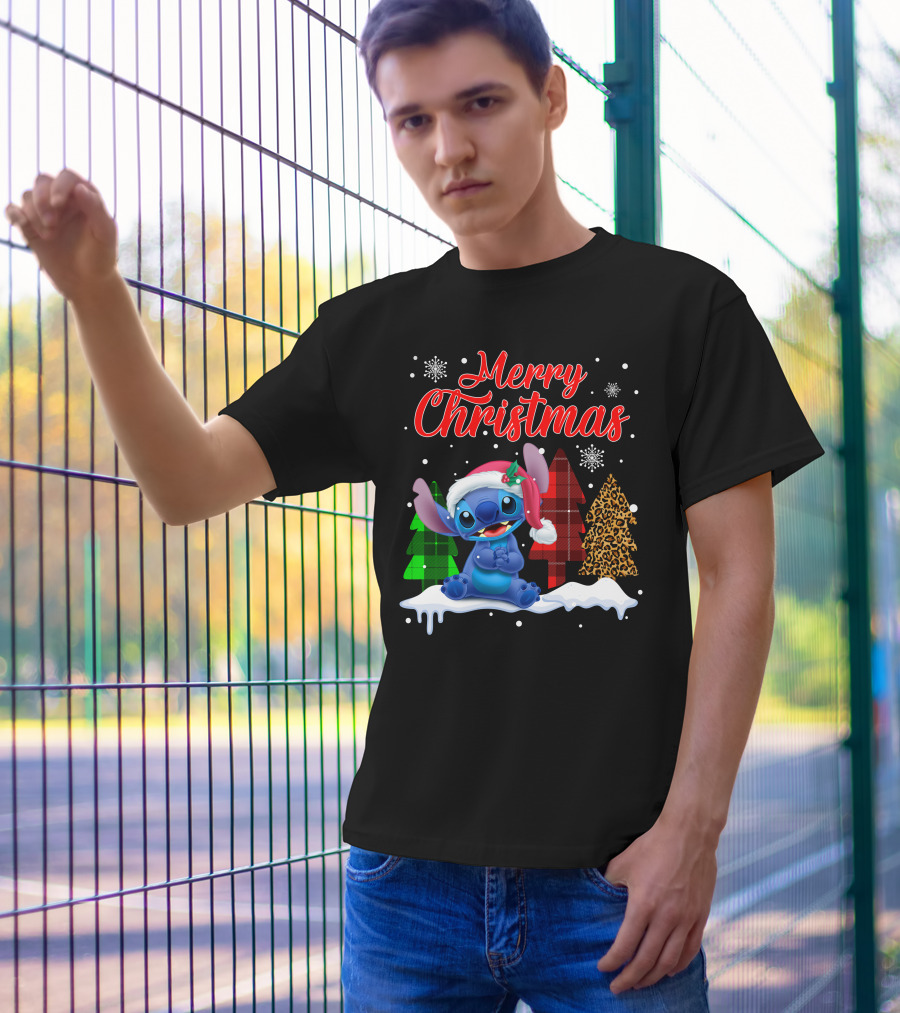 Merry Christmas Stitch Santa Hat Snow Plaid Trees T-Shirt