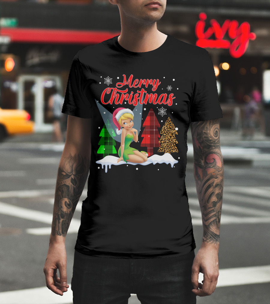 Merry Christmas Tinkerbell Santa Hat Plaid And Leopard Trees Snowflakes T-Shirt