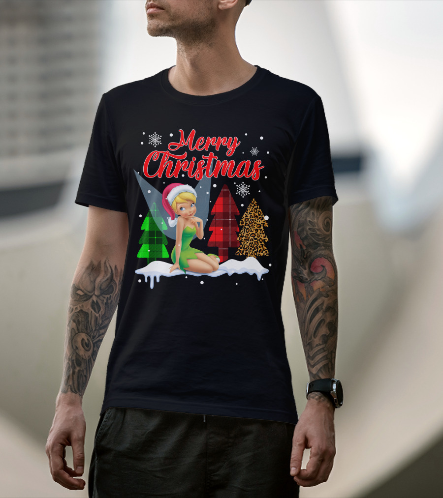 Merry Christmas Tinkerbell Santa Hat Plaid And Leopard Trees Snowflakes T-Shirt