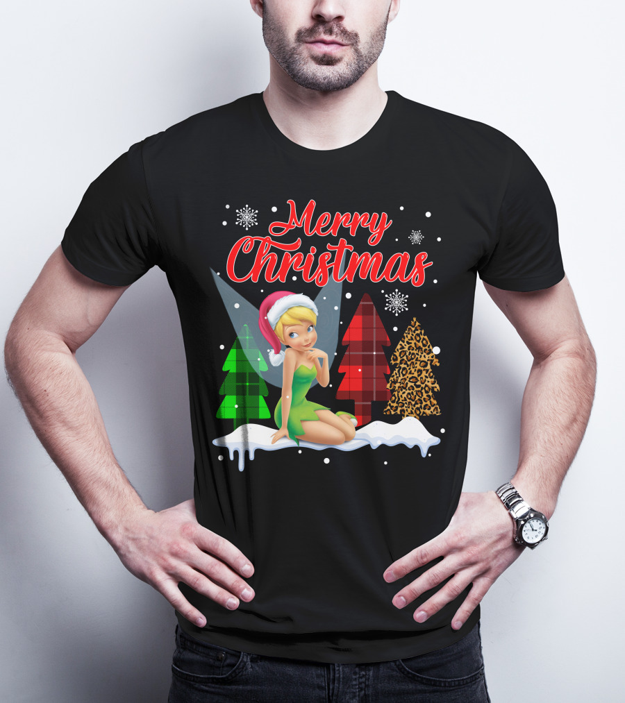 Merry Christmas Tinkerbell Santa Hat Plaid And Leopard Trees Snowflakes T-Shirt