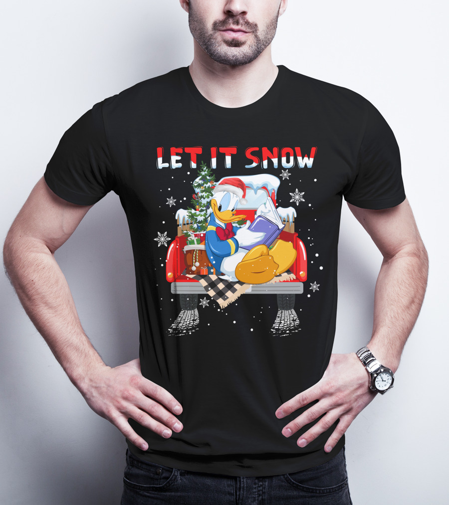 Let It Snow Donald Santa Hat Reading Winter Snowflakes Christmas Tree Red Truck T-Shirt