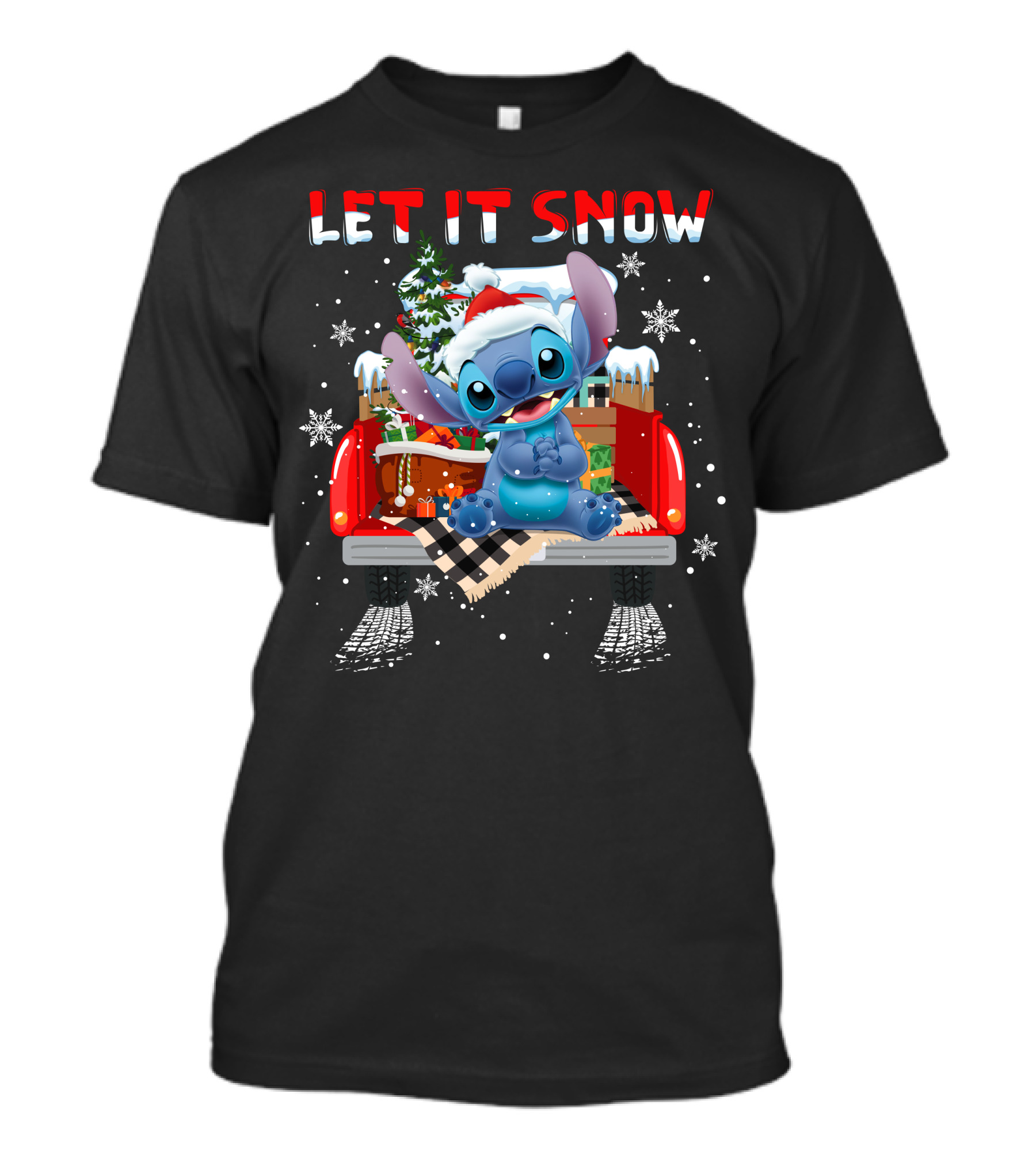 Let It Snow Stitch Christmas Santa Truck Snowflakes T-Shirt
