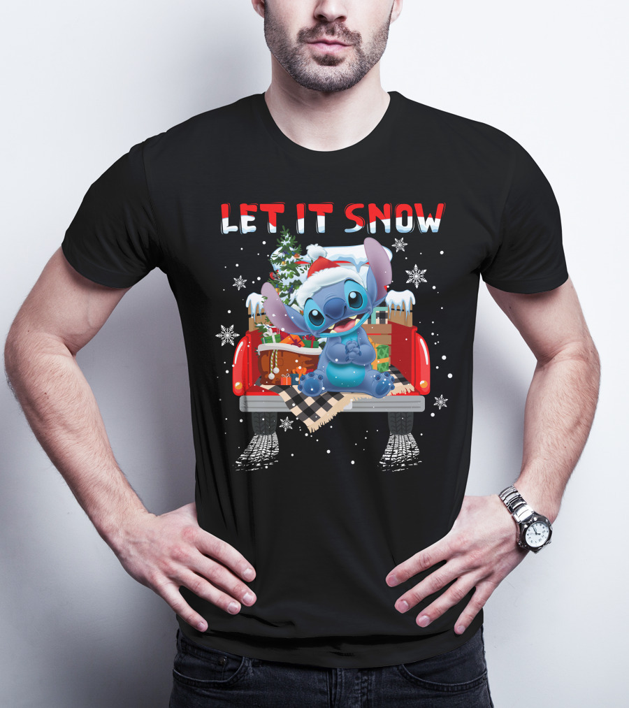 Let It Snow Stitch Christmas Santa Truck Snowflakes T-Shirt