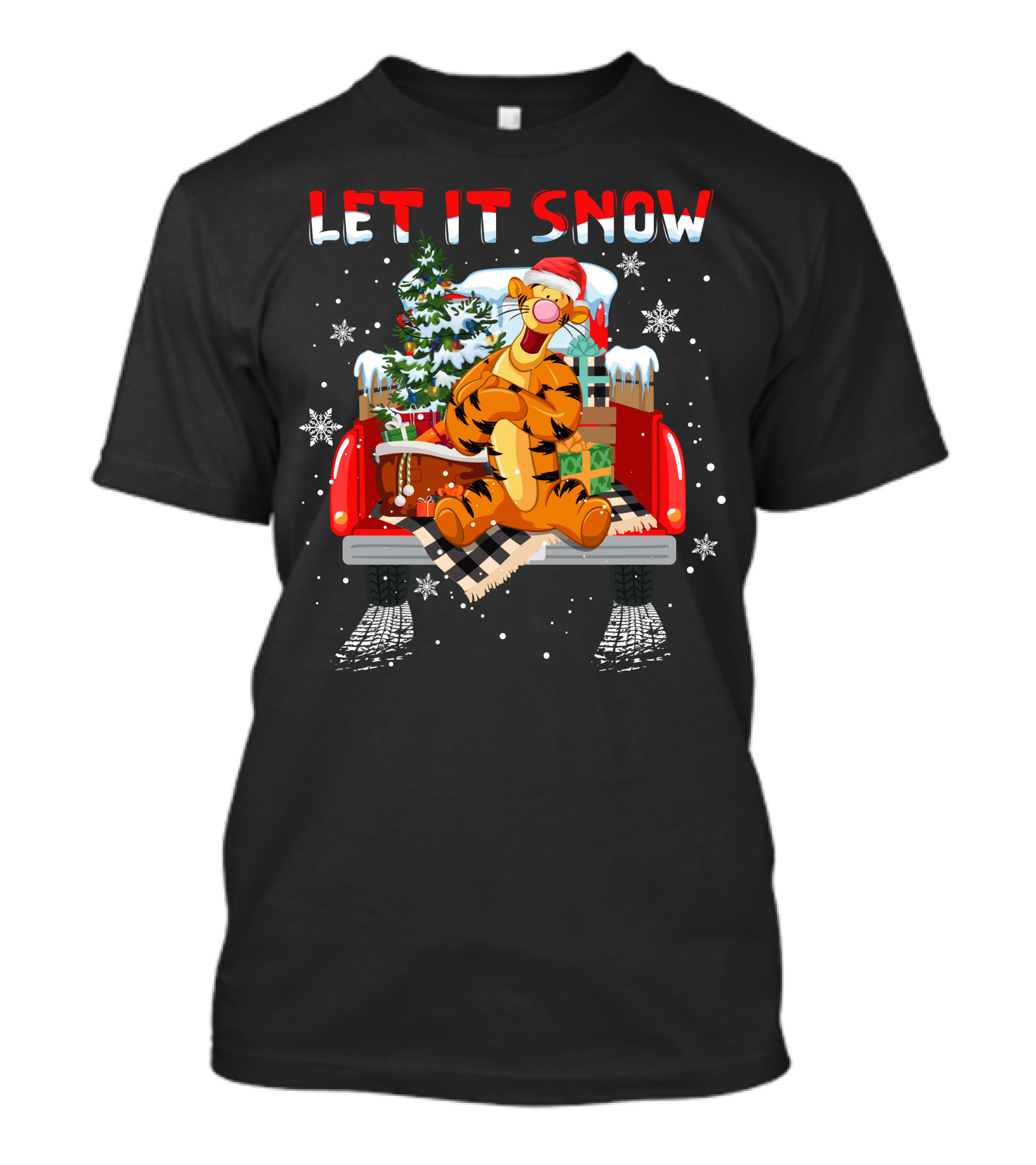 Tigger Let It Snow Christmas Tree And Presents In Snowy Red Truck T-Shirt