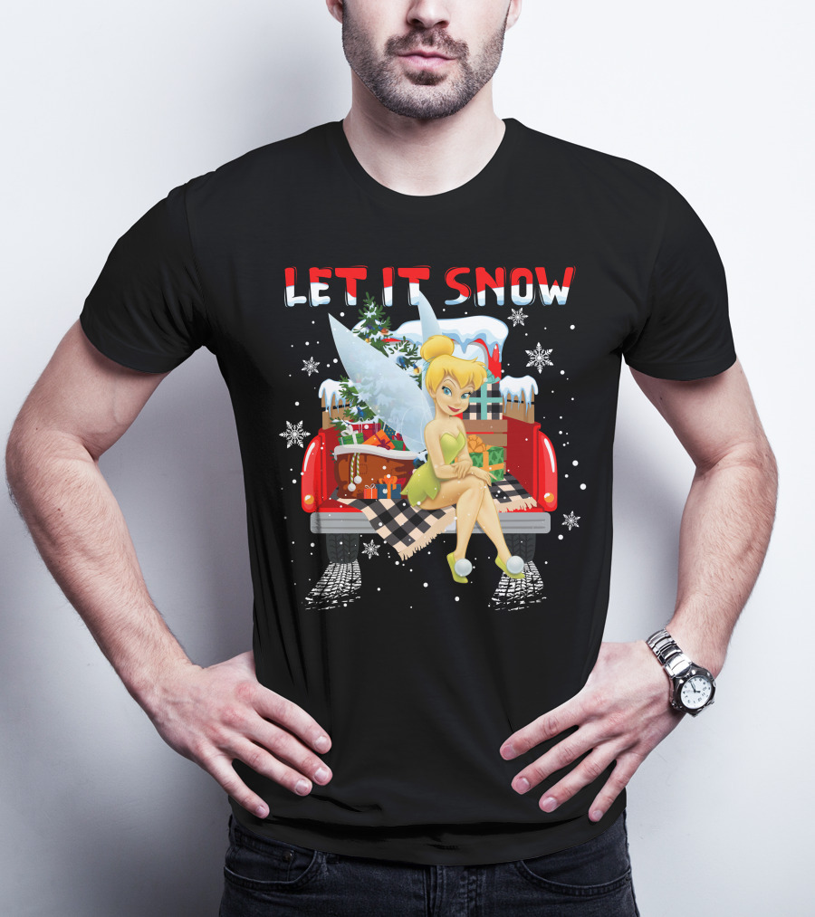 Let It Snow Tinkerbell Sitting On Truck With Gifts And Snowflakes T-Shirt