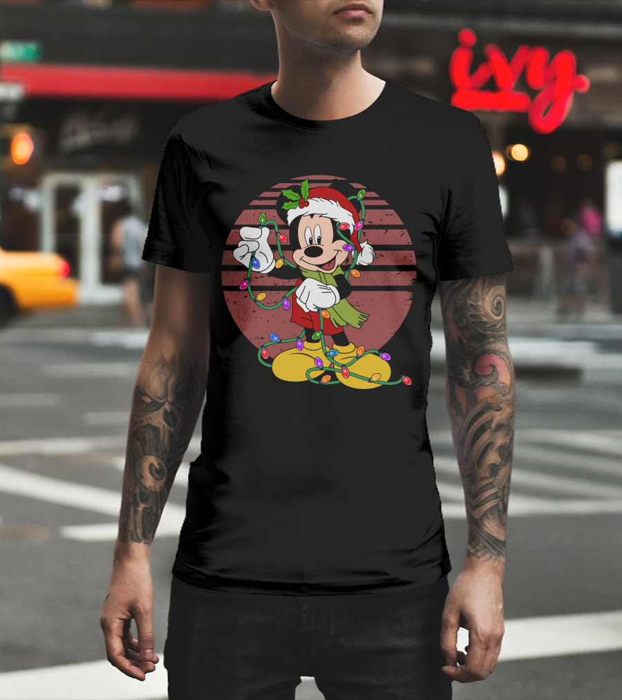 Mickey Mouse Christmas Lights Santa Hat Holiday T-Shirt