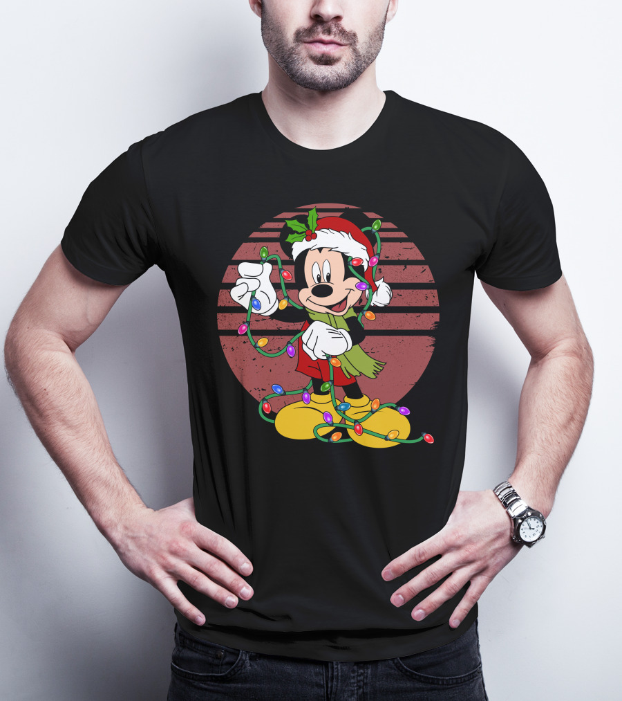 Mickey Mouse Christmas Lights Santa Hat Holiday T-Shirt