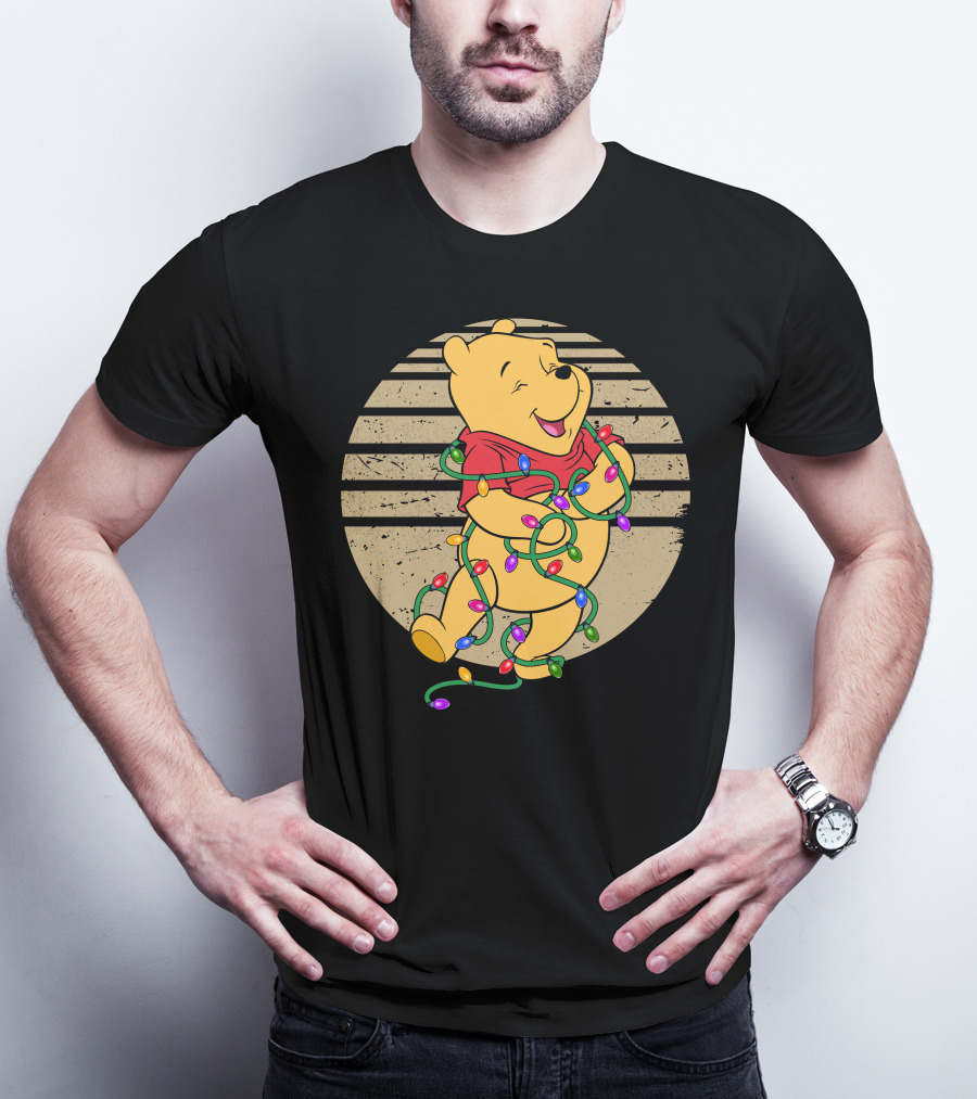 Pooh Wrapped In Christmas Lights And Stripes T-Shirt
