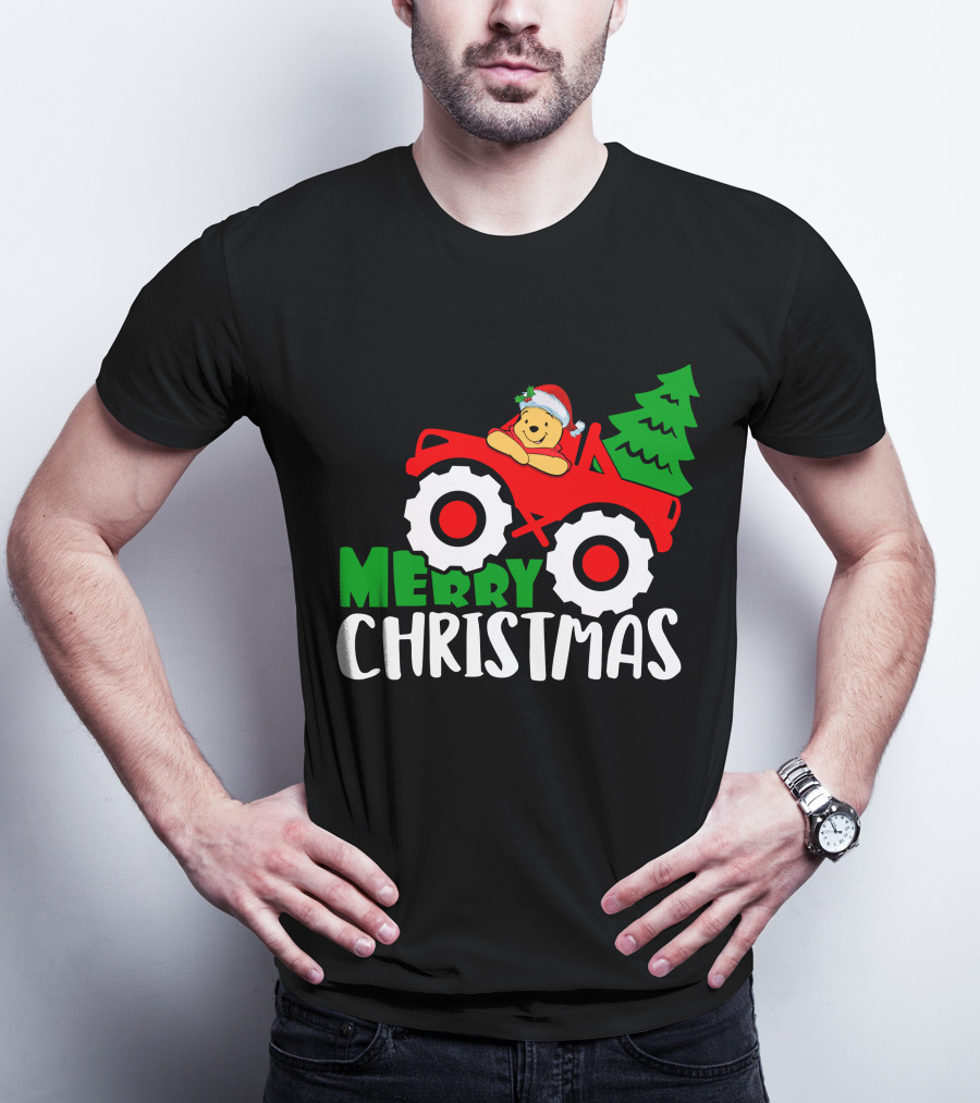 Merry Christmas Pooh Tractor Santa Hat Tree T-Shirt