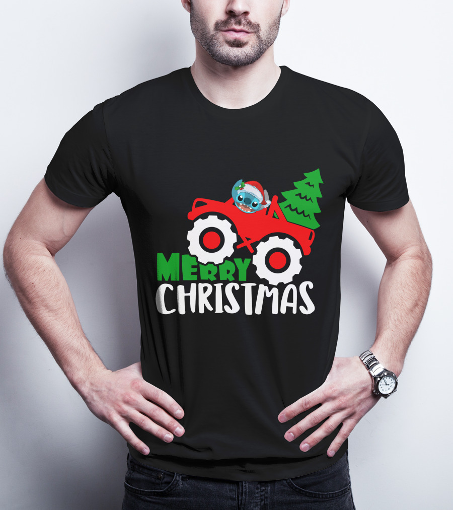 Merry Christmas Stitch Riding Red Truck With Tree T-Shirt
