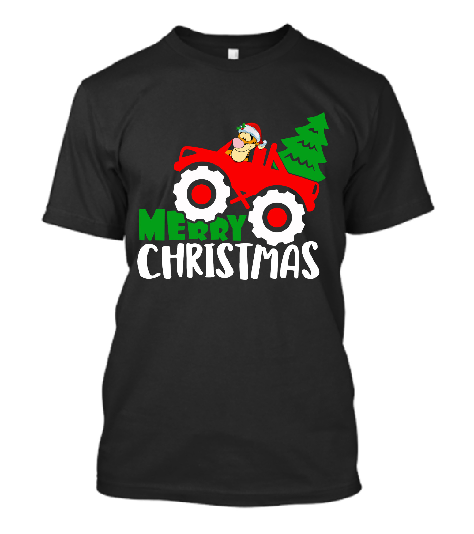 Merry Christmas Tigger Santa Hat Tractor Tree T-Shirt