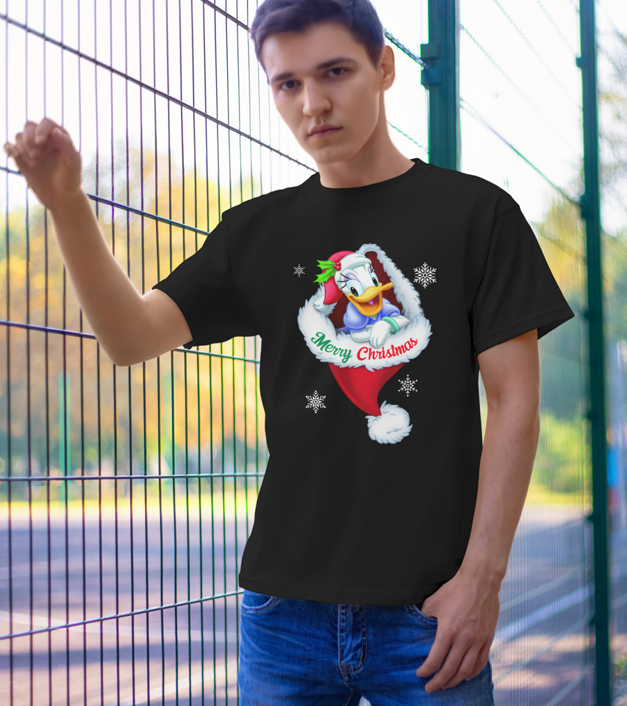 Merry Christmas Daisy Duck Santa Hat Snowflakes T-Shirt