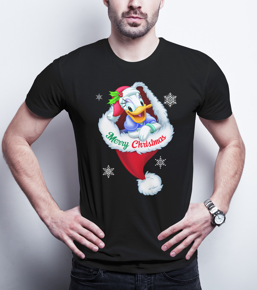 Merry Christmas Daisy Duck Santa Hat Snowflakes T-Shirt