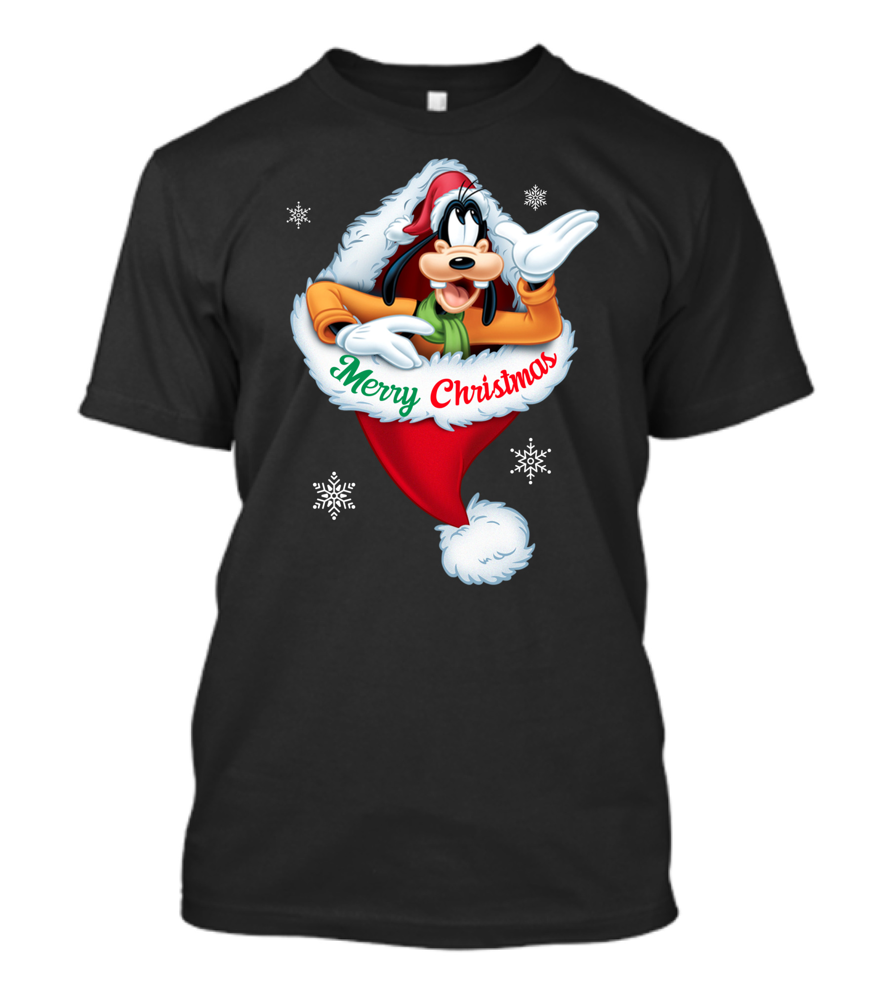 Merry Christmas Goofy In Santa Hat With Snowflakes T-Shirt