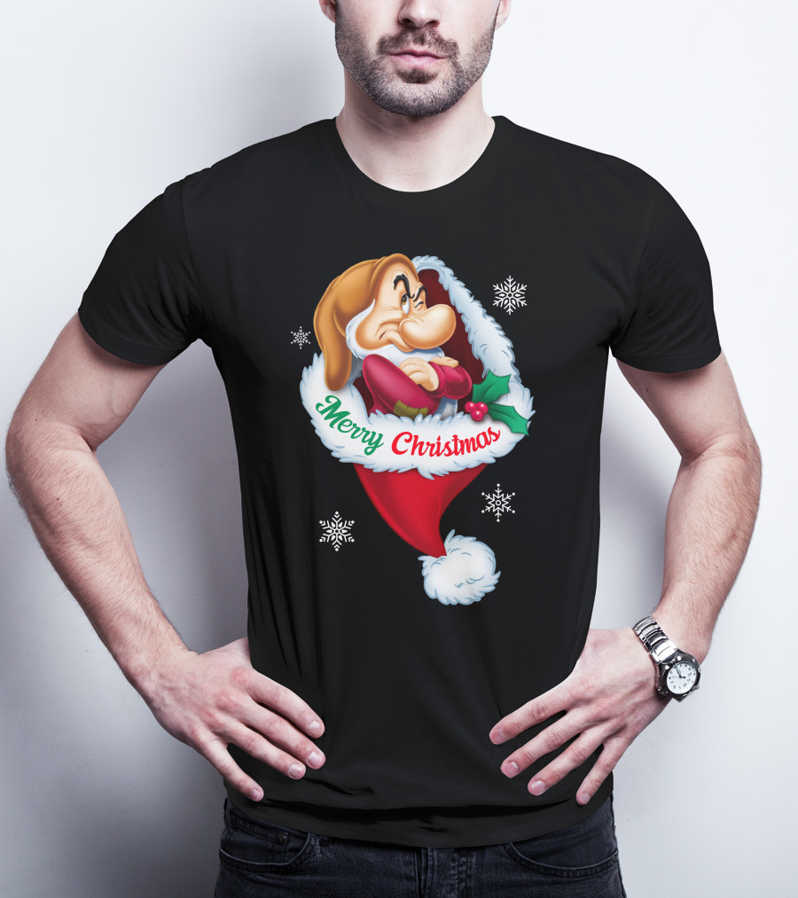 Grumpy Merry Christmas Santa Hat And Snowflakes T-Shirt