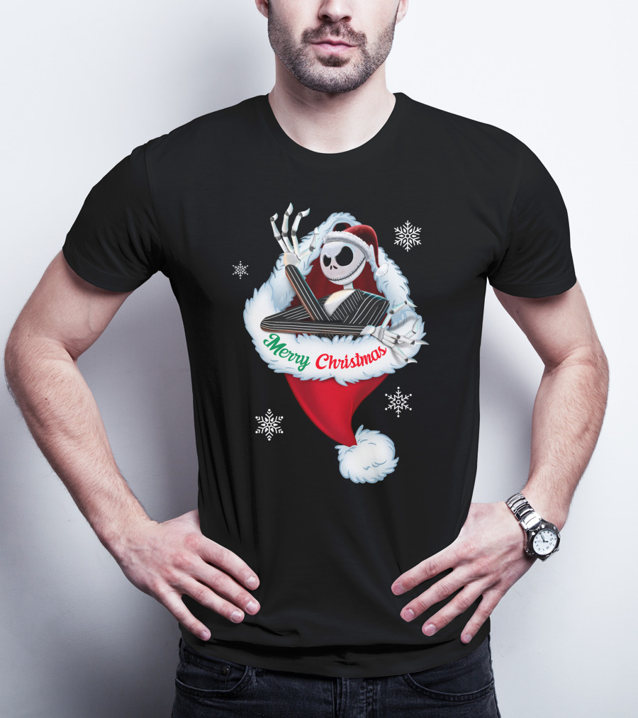 Jack Skellington Merry Christmas Santa Hat Snowflakes T-Shirt