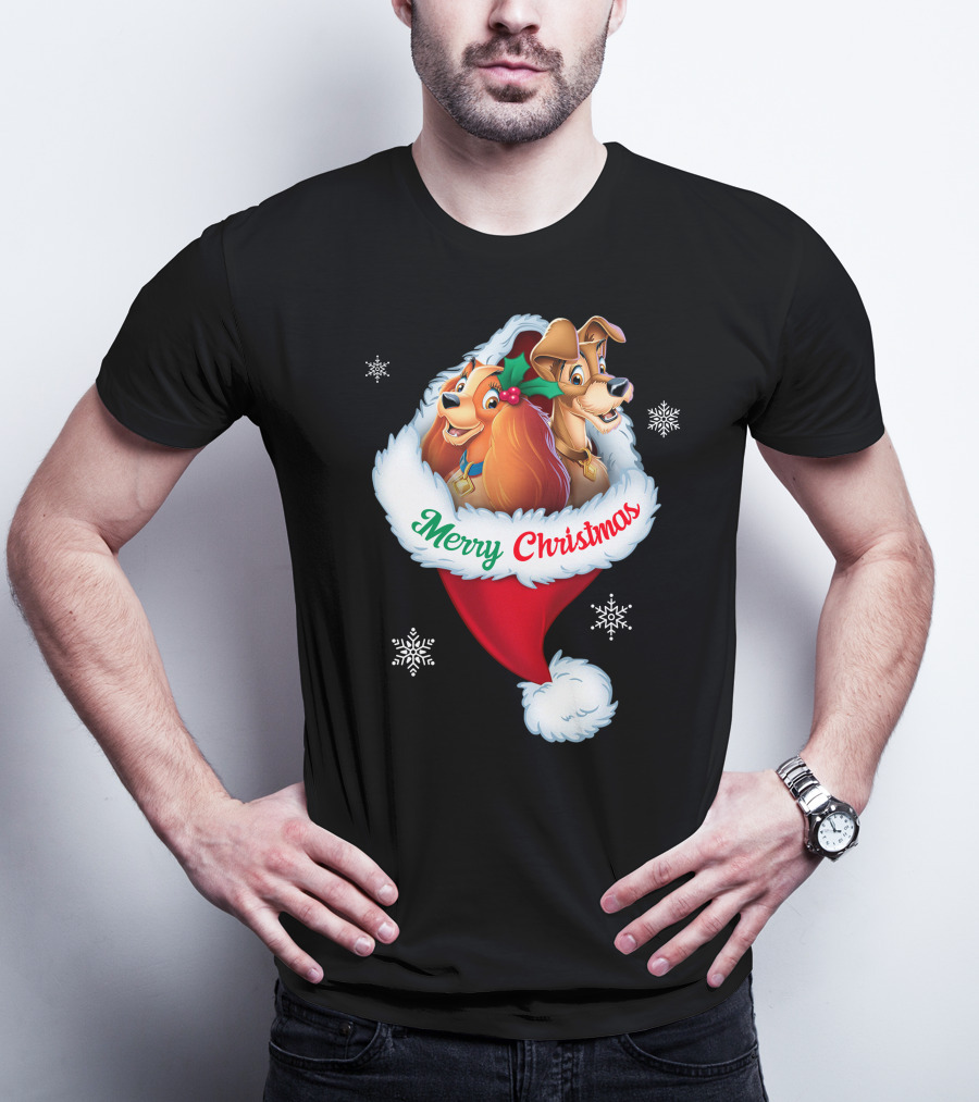 Merry Christmas Lady And The Tramp Holiday Santa Hat Snowflakes T-Shirt