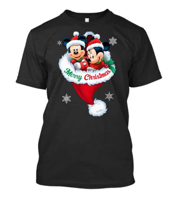 Merry Christmas Mickey Minnie Santa Hat Snowflakes T-Shirt
